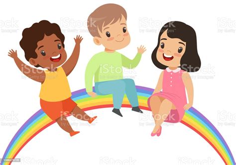 무지개에 앉아 행복 한 아이 들 흰색 바탕에 귀여운 꼬마 재미 벡터 그림 계절에 대한 스톡 벡터 아트 및 기타 이미지 계절 교육 귀여운 Istock
