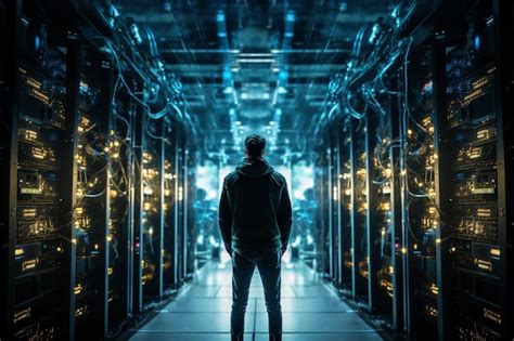 Premium Ai Image Person Looking At A Wired Internet Server From Behind