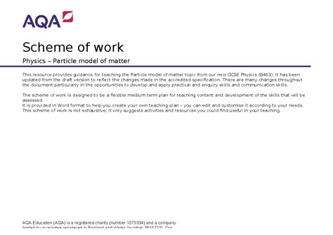 Aqa 8463 Sow Matter Aqa 8463 Scheme Of Work Physics Particle Model Of Matter This Resource