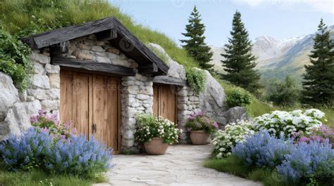 Stone Cellar Entrance With Flowers In An Alpine Setting 75141574 Stock