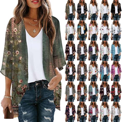 Dyegold Kimonos For Women Boho Floral Print Lightweight Cardigans 34 Sleeve Open Front Summer