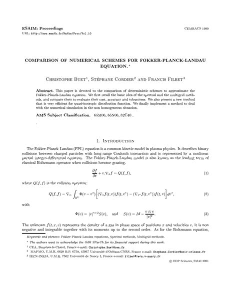 PDF Comparison Of Numerical Schemes For Fokker Planck Landau Equation