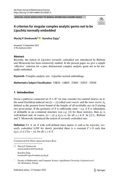 Pdf A Criterion For Singular Complex Analytic Germs Not To Be Lipschitz Normally Embedded