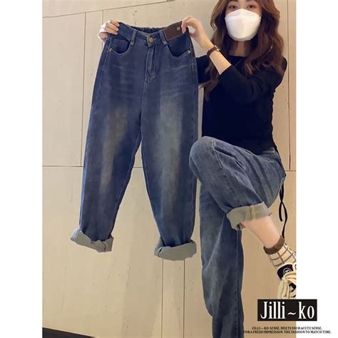 Jilli Ko 後鬆緊高腰寬鬆哈倫直筒牛仔褲單寧中大碼 藍色 牛仔褲 Yahoo奇摩購物中心