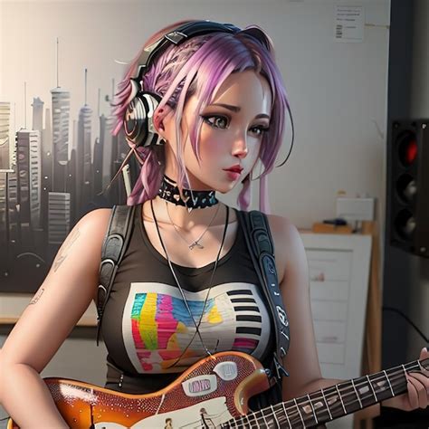 Premium Photo A Girl With Purple Hair Playing A Guitar In Front Of A