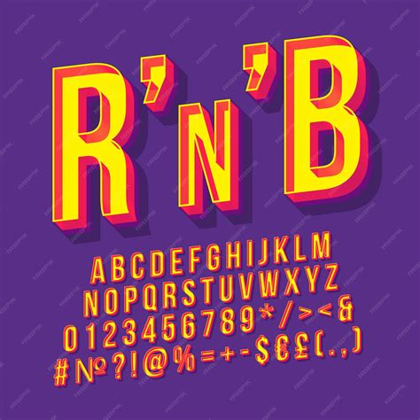 Rnb 빈티지 3d 벡터 레터링입니다 레트로 굵은 글꼴 서체 팝 아트 양식된 텍스트입니다 올드 스쿨 스타일의 문자 숫자
