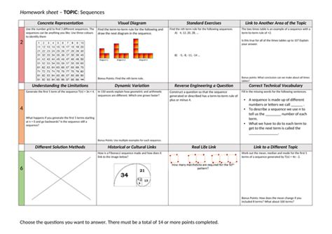 Homework Gridsheet Sequences Teaching Resources