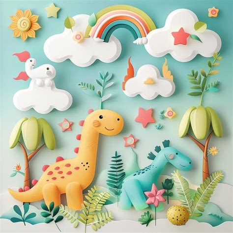 3d Render Photo Of Kawaii Design Featuring Dinosaurs Clouds Flowers