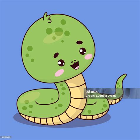 귀여운 뱀입니다 재밌는 파충류 카와이 캐릭터 만화 뱀과 벡터 일러스트 레이 션 키즈 컬렉션 2025년에 대한 스톡 벡터 아트 및