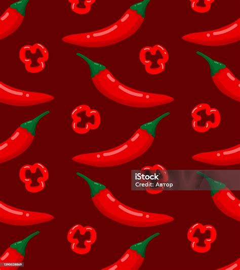 붉은 뜨거운 칠리 고추는 이음새가 없는 무늬 템플릿을 분리했습니다 간단한 평면 만화 벡터 배경 유기농 식품 직물 인쇄 요리 레스토랑 메뉴 배경 칠리고추에 대한 스톡 벡터
