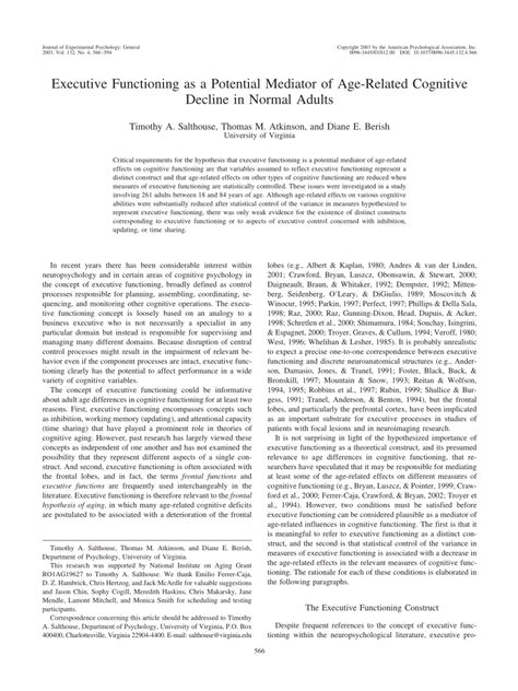 Pdf Executive Functioning As A Potential Mediator Of Age Related