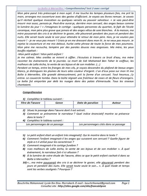 La Boîte À Merveilles Compréhension Test 2 Avec Corrigé Pdf