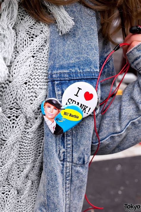 Acid Wash Denim Jacket Spank Pin And Colorful Nikes In Harajuku