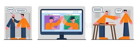 Meetings Online And In Real Life Cartoon Illustrations Set Stock Vector