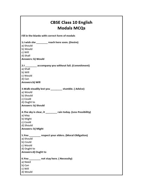 Cbse Class 10 English Modals Mcqs Pdf
