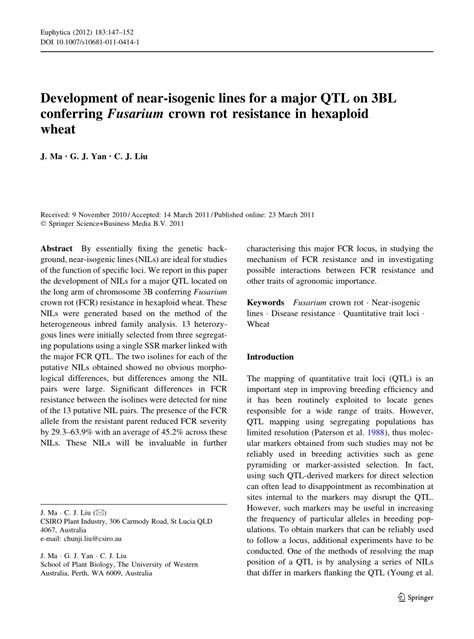 Pdf Development Of Near Isogenic Lines For A Major Qtl On 3bl