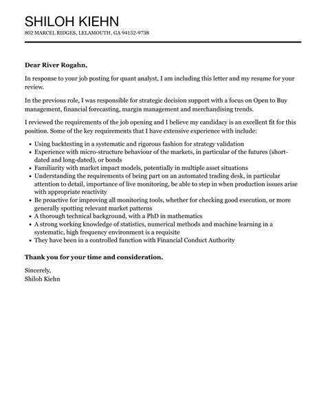 Quant Analyst Cover Letter Velvet Jobs