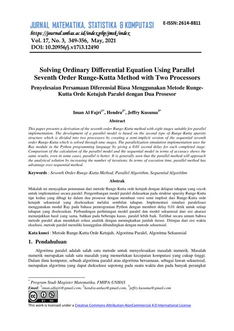 Pdf Solving Ordinary Differential Equation Using Parallel Fourth