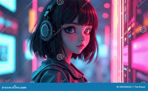 Anime Girl With Headphones In Neon City Stock Illustration