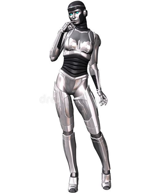 Cyborg Woman In Black Metallic Dress 3d Illustration Stock