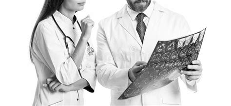 Doctor Hold Xray Of Nuclear Medicine Look At Mri Scan Of Brain Isolated On White Stock Image