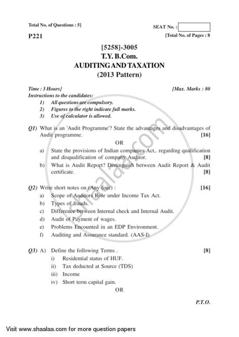 Auditing And Taxation 2017 2018 Bachelor Of Commerce B Com 3rd Year