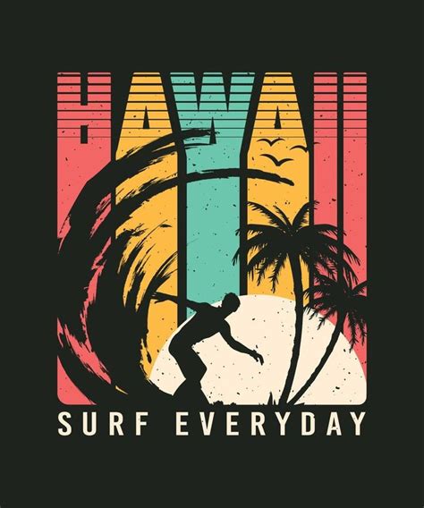 Hawaii Tropical Palm View Surfing Retro Vintage Illustration Vintage