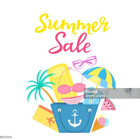 비치 백 에 어 매트리스 아이스크림 태양 우산 수영복 비행기 티켓 선글라스와 함께 여름 세일 포스터 0명에 대한 스톡 벡터 아트 및 기타 이미지 Istock