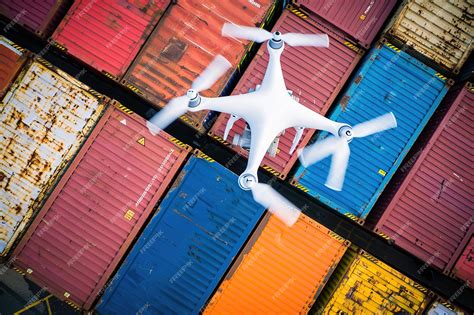 Premium Photo Shipping Container Inspection By Drone Drone Hovering Over Shipping Containers