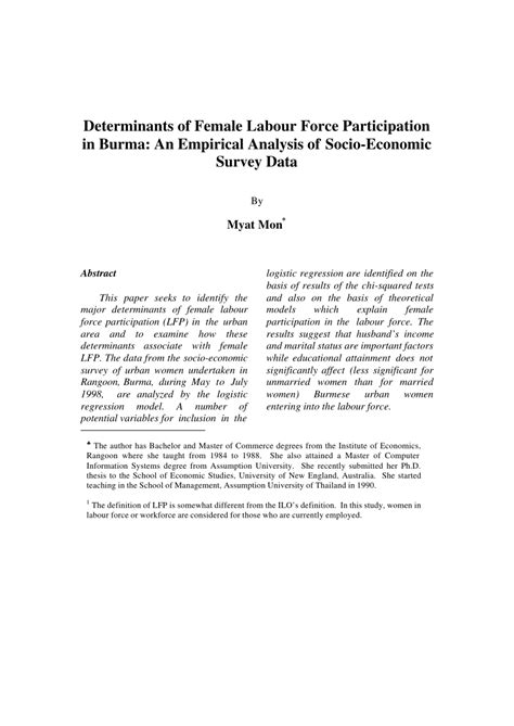 Pdf Determinants Of Female Labour Force Participation In Burma An