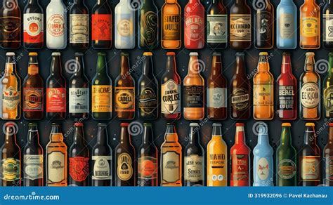 Assorted Beer Bottles Lined Up Neatly On A Wall Stock Illustration