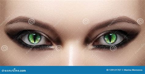 Close Up Of Woman Eyes Halloween Makeup Cat Eye Lens Fashion Catwalk Black Make Up Stock