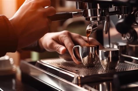 Premium AI Image Barista Hand And Espresso Pouring In A Cup In A Cafe Shop Coffee Maker