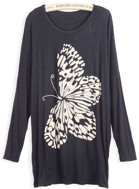 Black Long Sleeve Butterfly Print Loose T Shirt Sheinsheinside