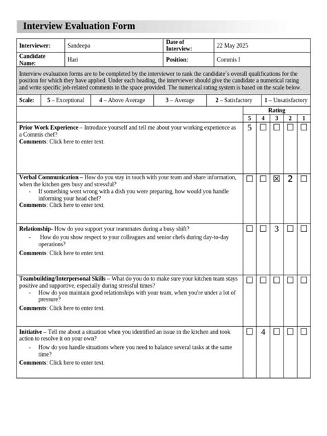 Interview Evaluation Form Cook Pdf Chef Social Psychology