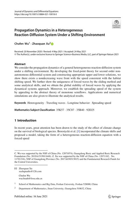 Pdf Propagation Dynamics In A Heterogeneous Reaction Diffusion System Under A Shifting Environment
