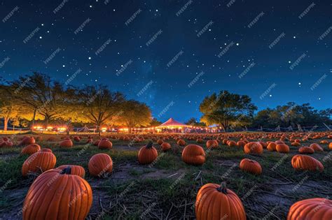 A Stunning Scene Of A Field Filled With Pumpkins Illuminated By The Night Sky A Brightly Lit