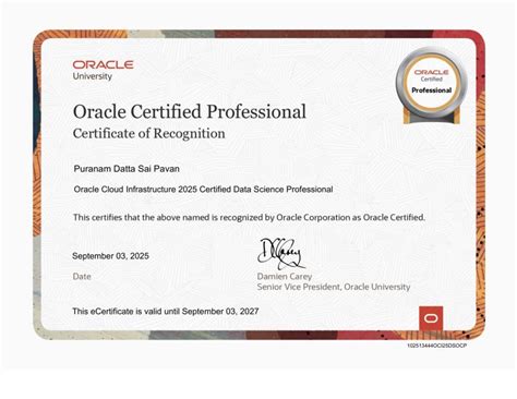 Oraclecertified Datascience Machinelearning Cloud Careergrowth Svce Datta Sai Pavan Puranam