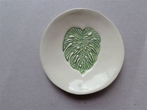 Monstera Leaf Small Ceramic Dish Green Whimsy Plant Pottery Ring