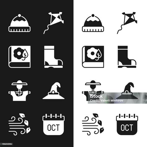 방수 고무 부츠 허바륨 겨울 모자 연 허수아비 마녀 10 월 달력 가을과 바람이 부는 날씨 아이콘을 설정합니다 벡터 10월에