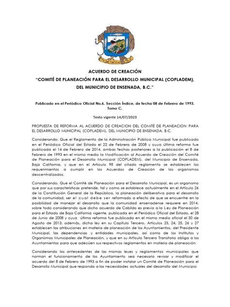 Acuerdo De Creacion Copladem Pdf Planificación Gobierno Local