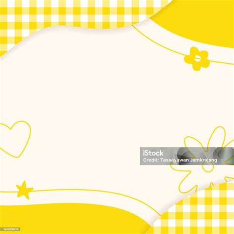 귀여운 파스텔 옐로우 체크 무늬 깅엄 체크 무늬 하트 플라워 스타 정사각형 포스트 배너 템플릿 프레임 테두리 메모 스티커 메모 용지 배경 빈 메모 복사 공간 벡터 그림입니다