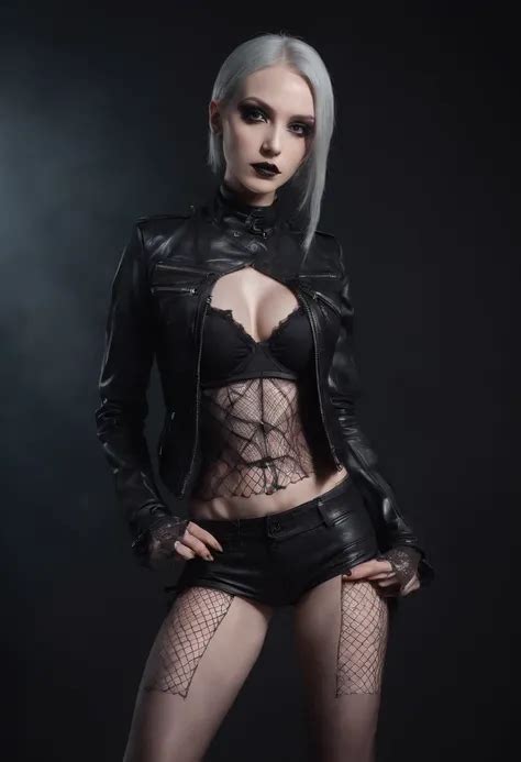Full Body Shot Of A Goth Woman In Lingerie With Leather Jacket And Fishnet Stockings In A Dark