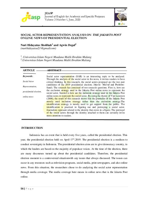 Social Actor Representation Analysis On The Jakarta Post Online News Of