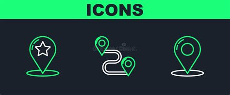 Set Line Map Pin Pointer With Star And Route Location Icon Vector