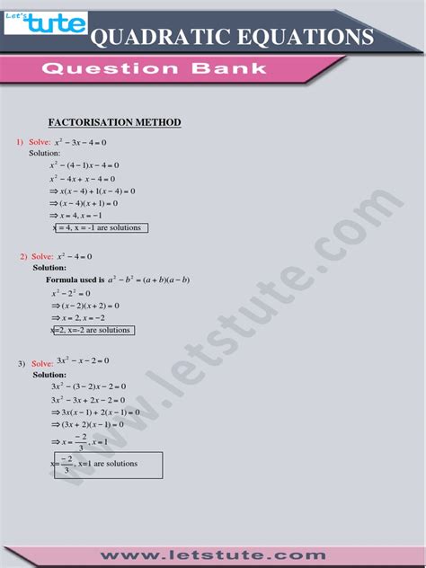 Quadratic Equations Factorisation Method Pdf Equations Quadratic