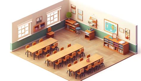 A Classroom With A Classroom With Tables And Chairs 3d Building Stock