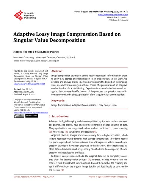 Pdf Adaptive Lossy Image Compression Based On Singular Value