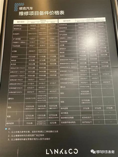领克全系汽车维修项目备件价格表 知乎
