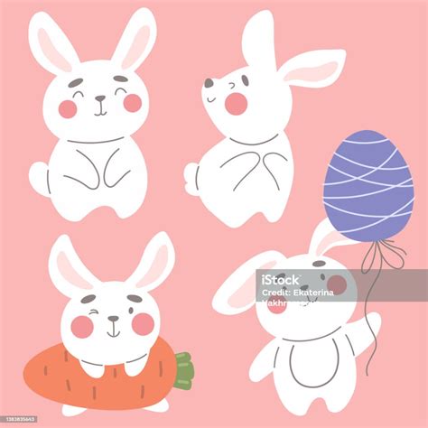 귀여운 흰색 부활절 토끼의 컬렉션 휴일 문자벡터 일러스트레이션입니다 만화에 대한 스톡 벡터 아트 및 기타 이미지 만화 개체